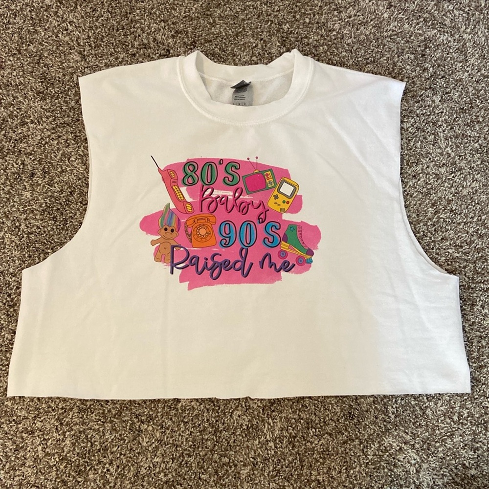 “80’s Baby 90’s Raised Me” Graphic Print Cutoff Cropp… - Gem